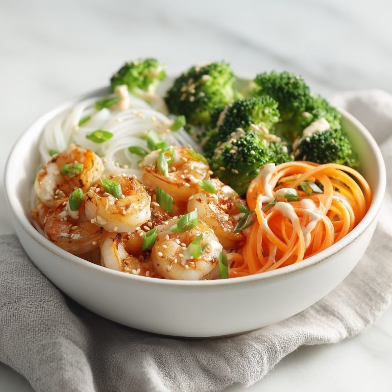 Bowl Asiático Con Camarones, Brócoli Y Noodles De Arroz